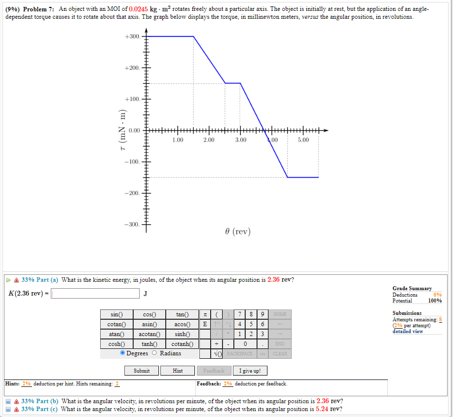 Solved (9%) Problem 7: An object with an MOI of 0.0245 kg⋅m2 | Chegg.com