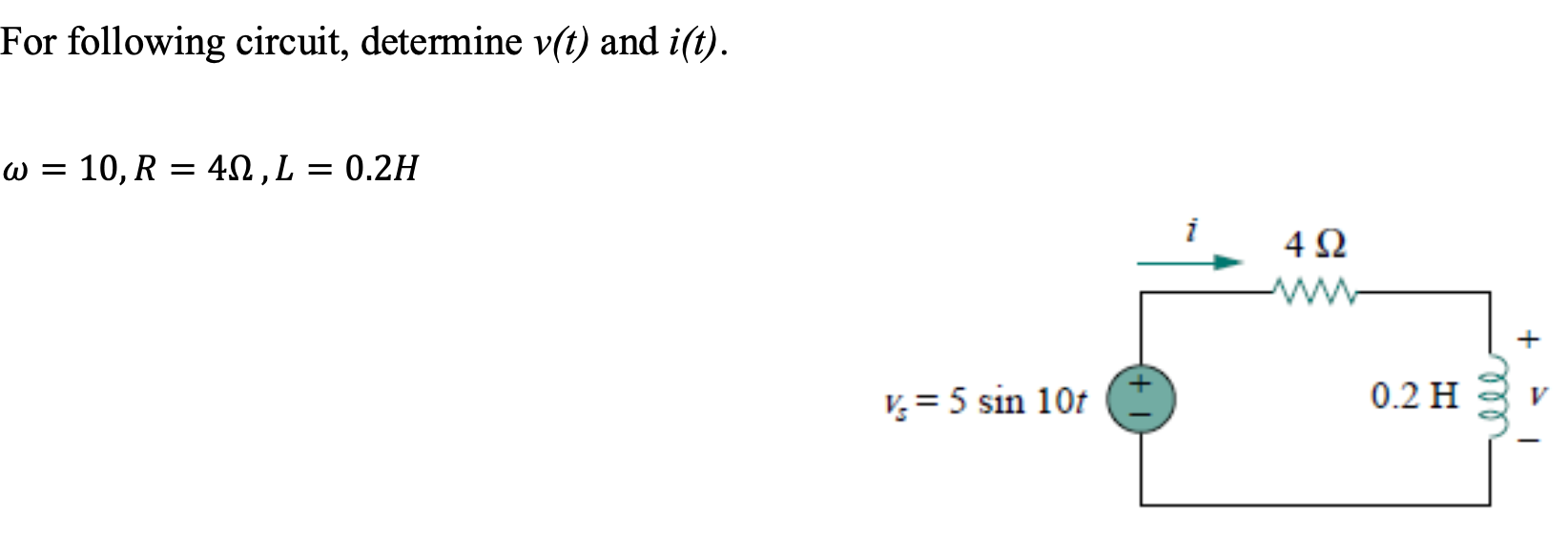 Solved For following circuit, determine v(t) and i(t). w = | Chegg.com
