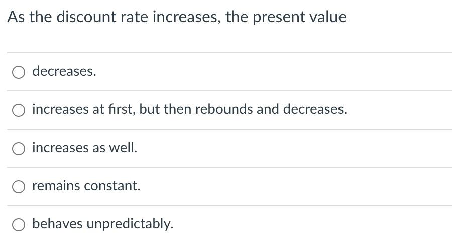 Solved As the discount rate increases, the present value | Chegg.com