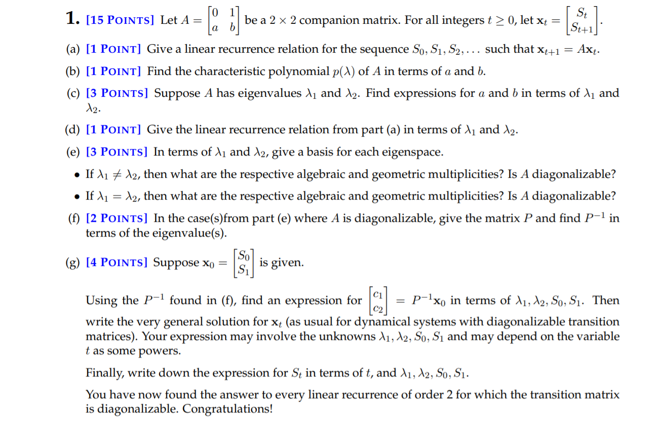 Solved [15 POINTS] Let A be a 2 × 2 companion matrix. For | Chegg.com