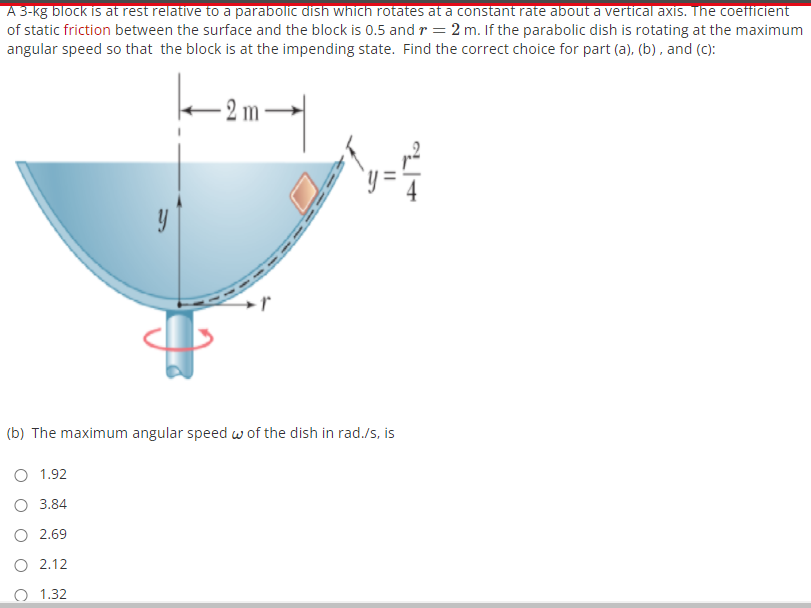 Solved A 3-kg block is at rest relative to a parabolic dish | Chegg.com