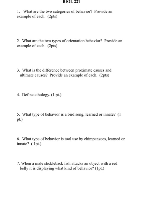 Solved BIOL 221 1. What are the two categories of behavior? | Chegg.com