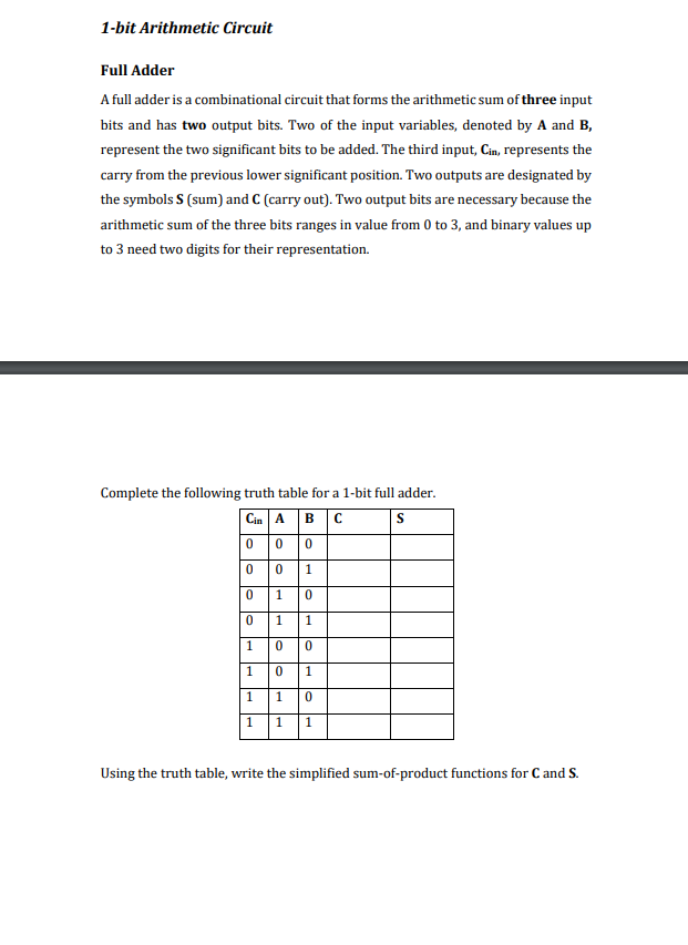 1-bit Arithmetic Circuit Full Adder A full adder is a | Chegg.com
