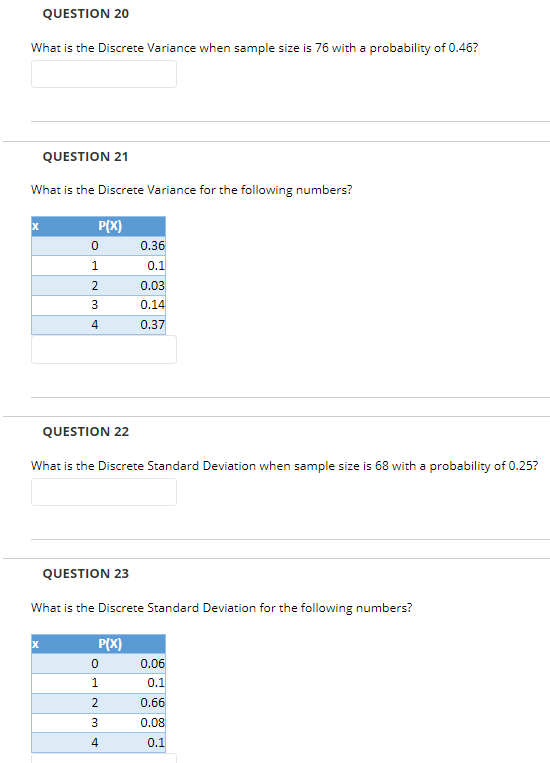 Solved QUESTION 20 What is the Discrete Variance when sample | Chegg.com