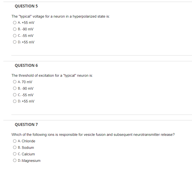 Solved QUESTION 5 The "typical" voltage for a neuron in a | Chegg.com