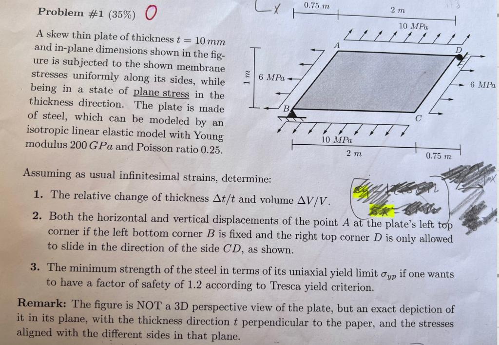 Solved A skew thin plate of thickness t=10 mm and in-plane | Chegg.com