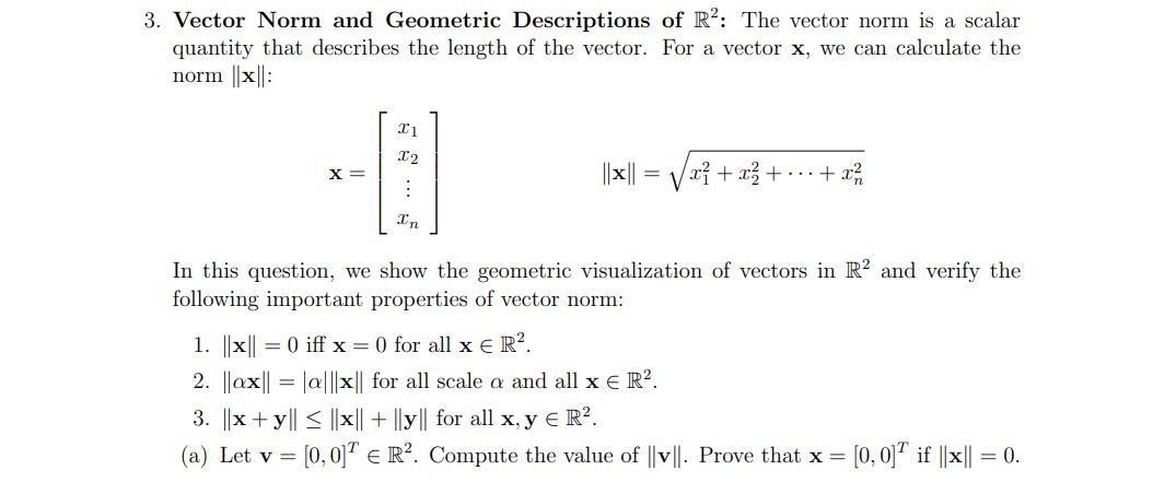 Solved Vector Norm and Geometric Descriptions of R2 : The | Chegg.com
