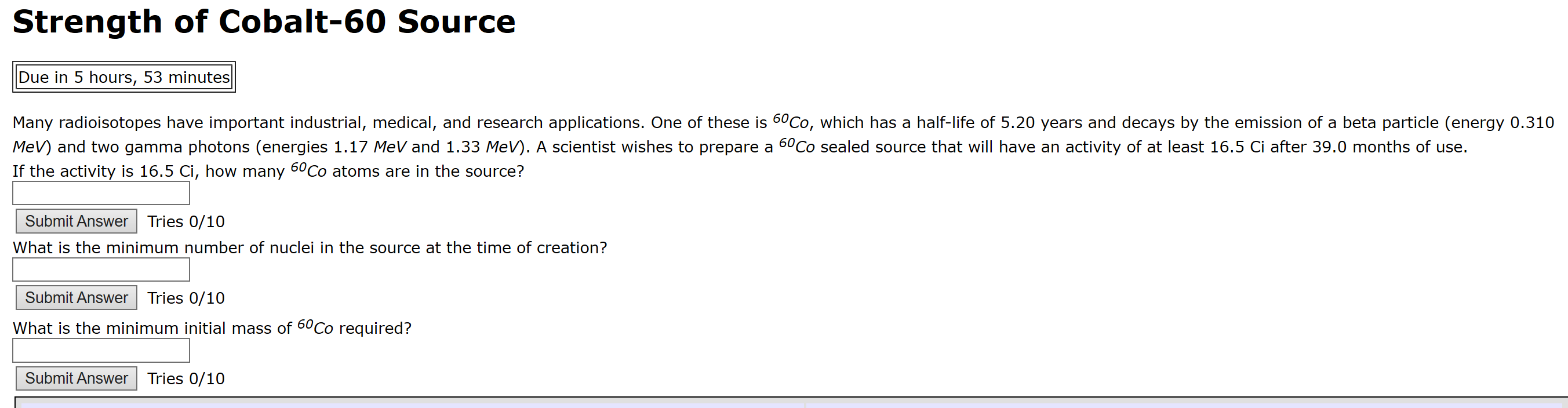 Solved Strength of Cobalt-60 Source ||Due in 5 hours, 53 | Chegg.com