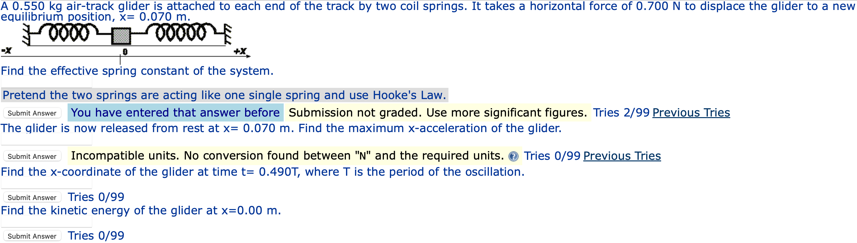 Solved A 0.550 kg air-track glider is attached to each end | Chegg.com