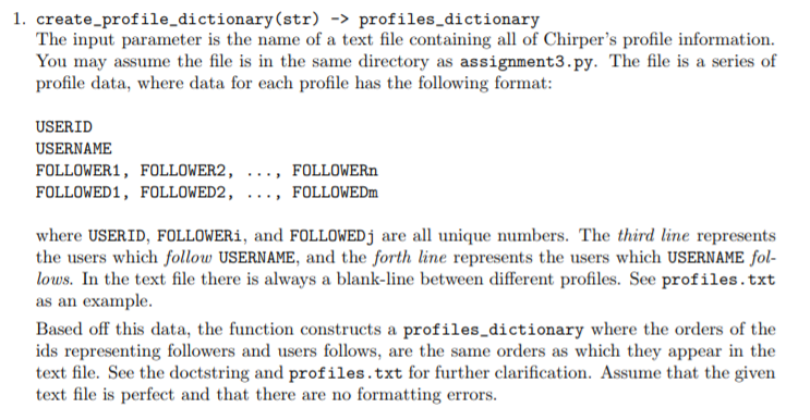 Solved 1. create_profile_dictionary(str) -> | Chegg.com