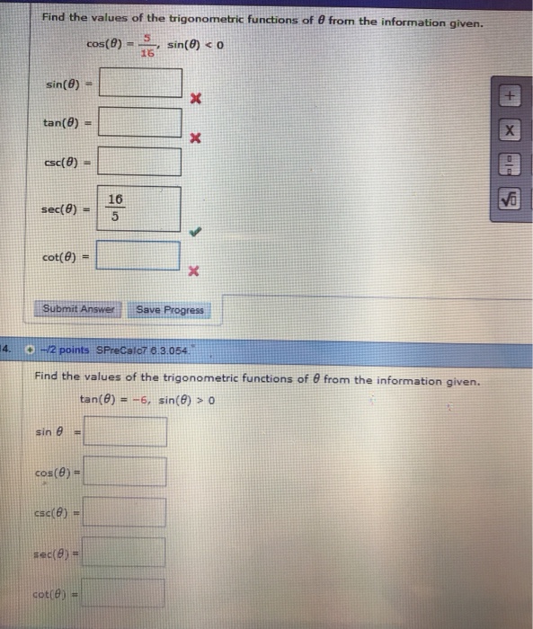 Solved Find the values of the trigonometric functions of θ | Chegg.com