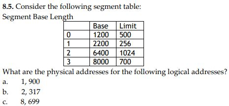 Solved 8.5. Consider the following segment table Segment | Chegg.com