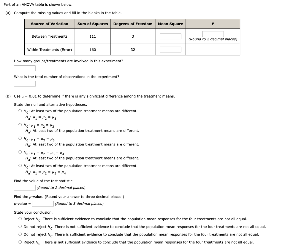 Solved Part of an ANOVA table is shown below. (a) Compute | Chegg.com