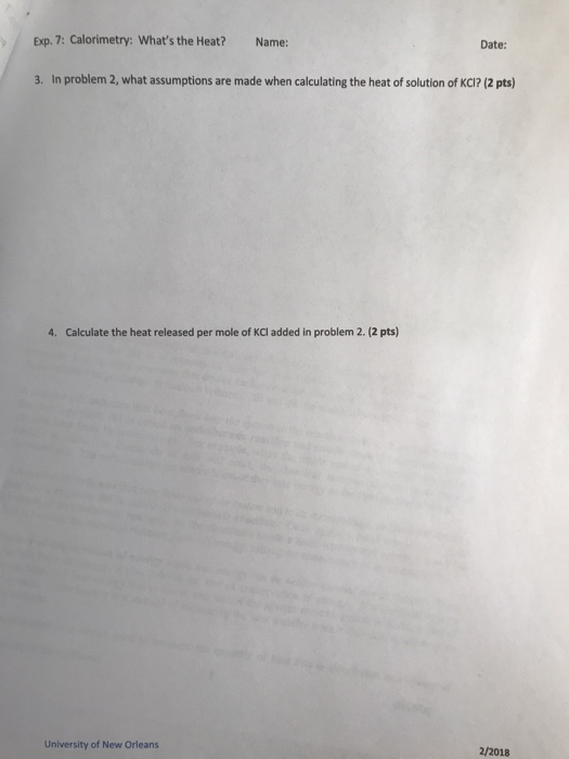 Solved Date: Exp. 7: Calorimetry: What's the Heat? Name: | Chegg.com