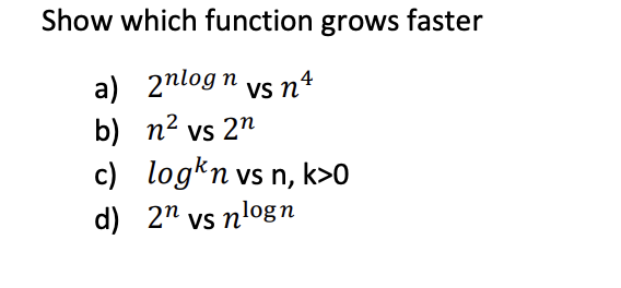 Solved Show which function grows faster a) 2nlogn vs n4 b) | Chegg.com