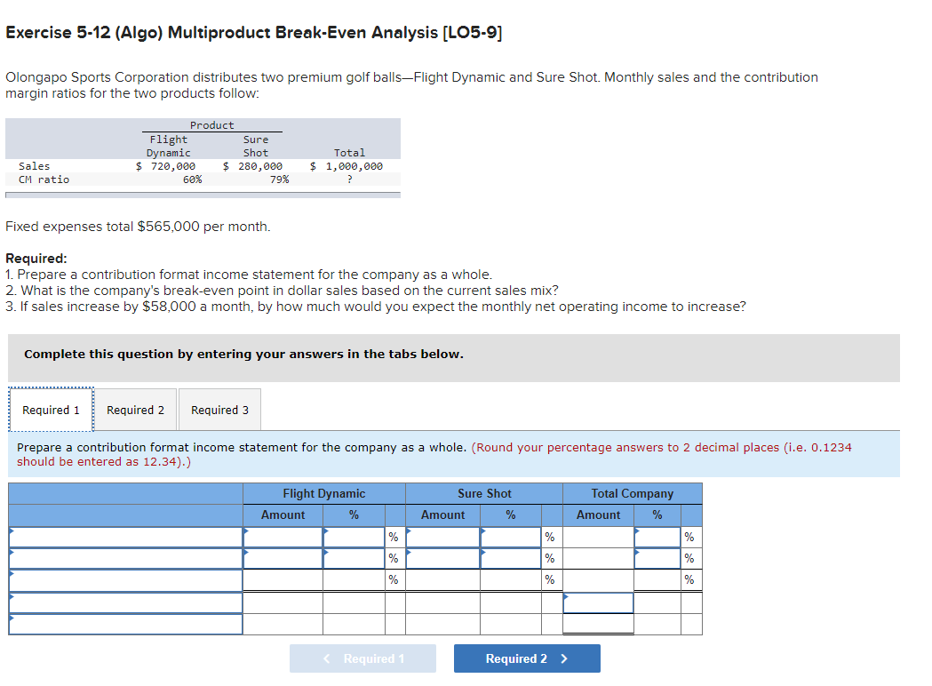 Solved Exercise 5-12 (Algo) Multiproduct Break-Even Analysis | Chegg.com
