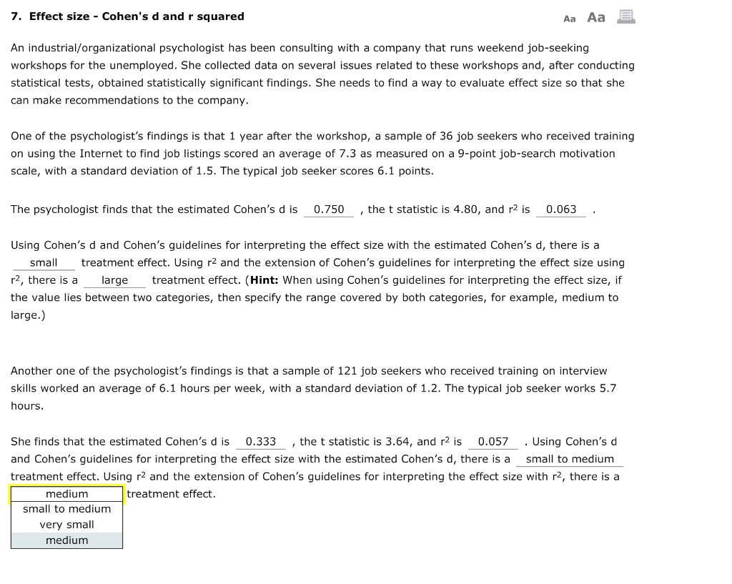 Solved 7. Effect size - Cohen's d and r squared Aa Aa E An | Chegg.com Solved 7. Effect size - Cohen's d and r squared Aa Aa E An | Chegg.com