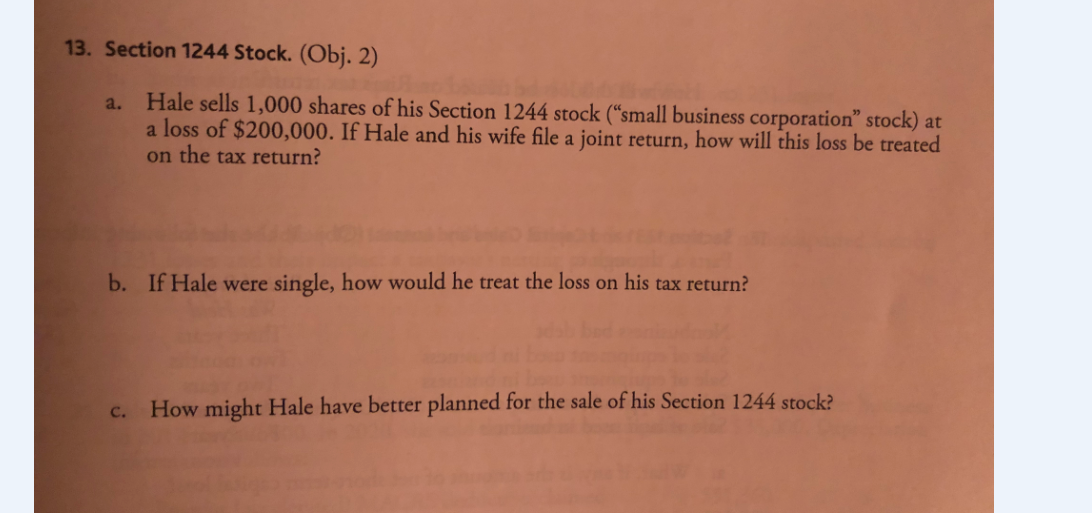 Solved 13. Section 1244 Stock. (Obj. 2) a. Hale sells 1,000 | Chegg.com
