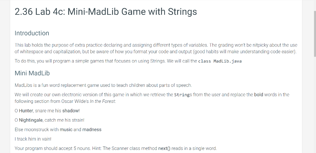 Solved 2.36 Lab 4c: Mini-MadLib Game with Strings | Chegg.com