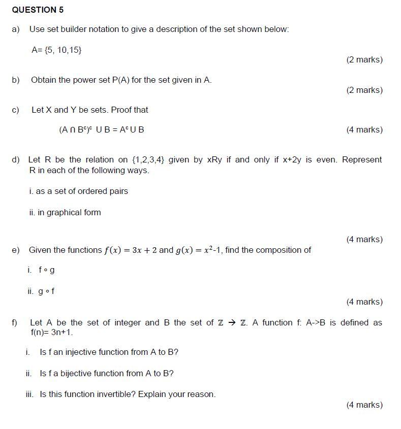 Solved QUESTION 5 a) Use set builder notation to give a | Chegg.com