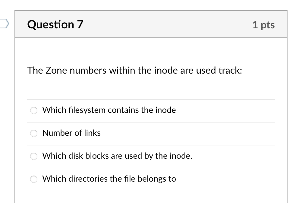 Solved The Zone numbers within the inode are used track: | Chegg.com