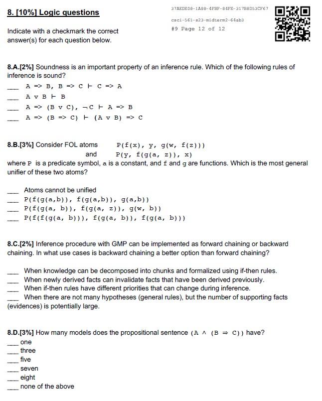 Solved 8. [10\%] Logic questions csci-561-s23-midterm2-64ab3 | Chegg.com