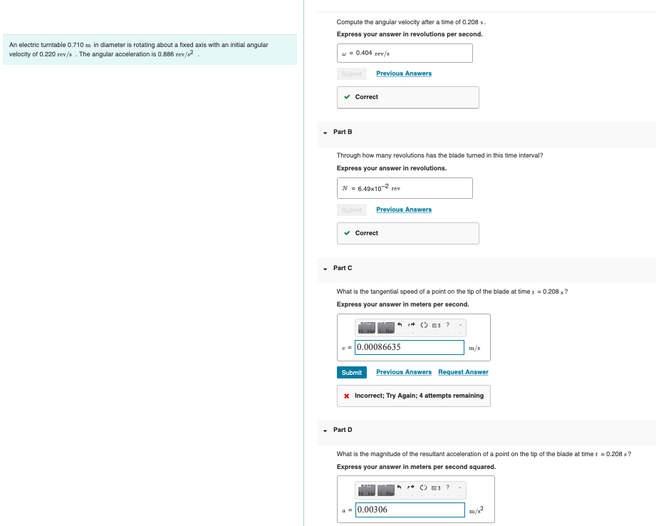 Solved Compute the angular velocity after a time of 0.208 s. | Chegg.com