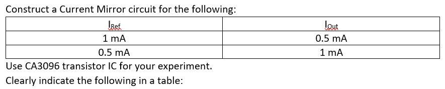 Solved Construct a Current Mirror circuit for the following: | Chegg.com