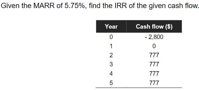 Solved Given the MARR of 5.75%, ﻿find the IRR of the given | Chegg.com