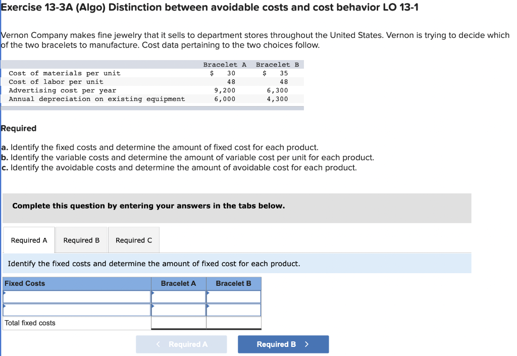 Solved Exercise 13-3A (Algo) Distinction between avoidable | Chegg.com