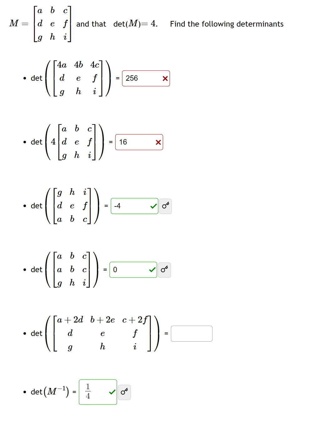Solved M=⎣⎡adgbehcfi⎦⎤ and that det(M)=4. Find the following | Chegg.com