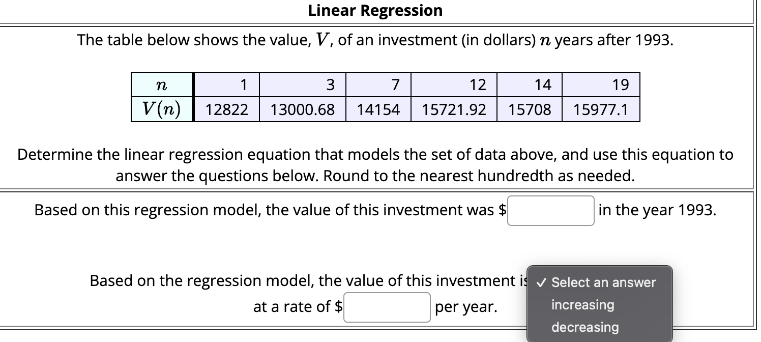 Solved Linear Regression The table below shows the value, V, | Chegg.com