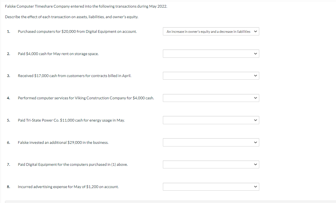 Solved The answers to select for the drop down boxes are: | Chegg.com