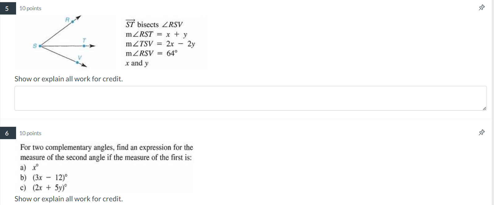 Solved ST bisects ∠RSV m∠RST=x+y m∠TSV=2x−2y m∠RSV=64∘x and | Chegg.com
