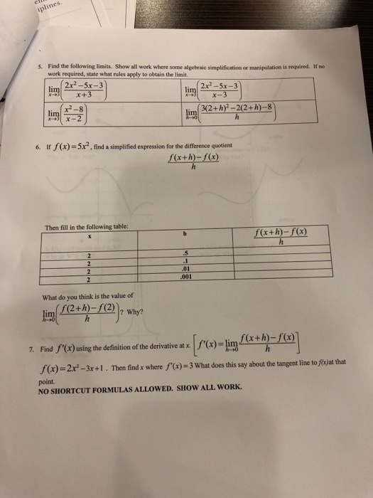 Solved Written Homework 02 (Survey Calculus) SHOW ALL WORK! | Chegg.com