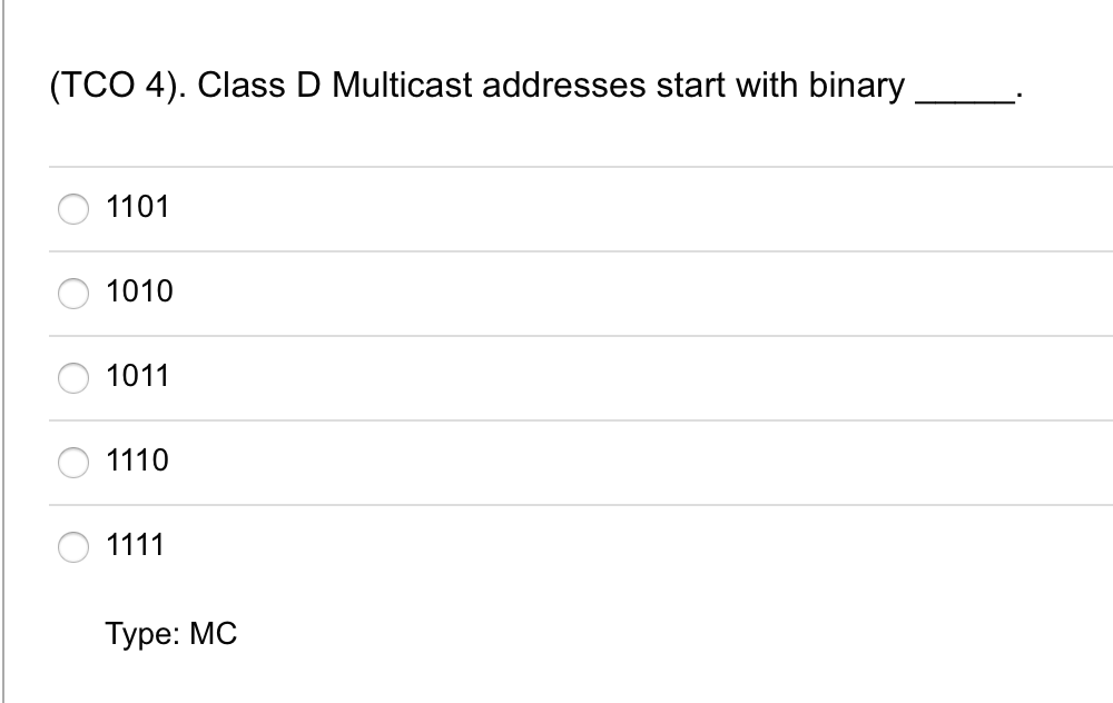 Solved (TCO 4). Class D Multicast addresses start with | Chegg.com