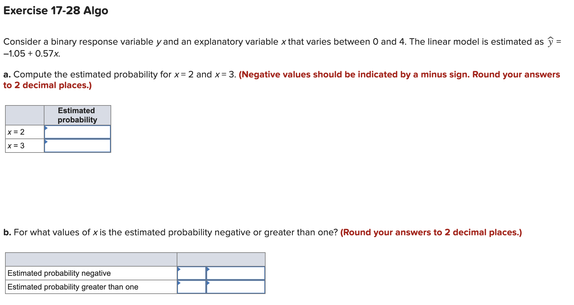 Solved Exercise 17-28 Algo Consider a binary response | Chegg.com
