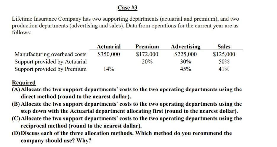 Solved Case #3 Lifetime Insurance Company has two supporting | Chegg.com