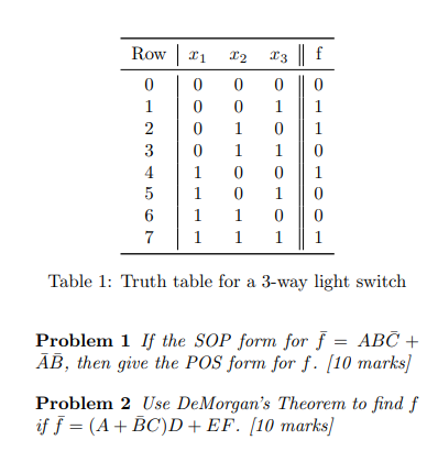 Solved Table 1: Truth table for a 3 -way light switch | Chegg.com