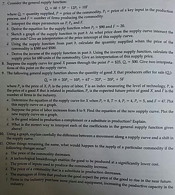 Solved 7. Consider the general supply function: -60+5P | Chegg.com