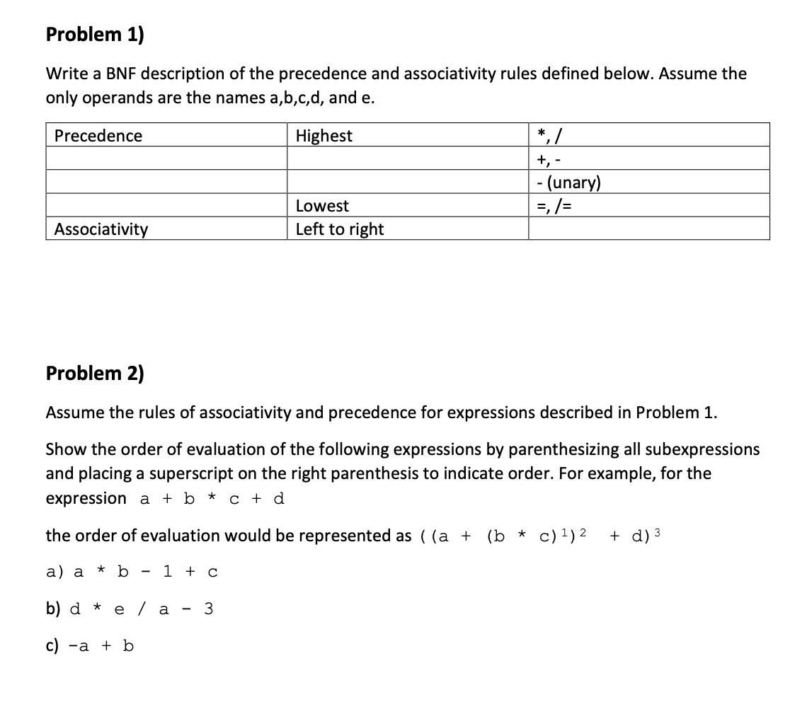Solved Problem 1) Write a BNF description of the precedence | Chegg.com