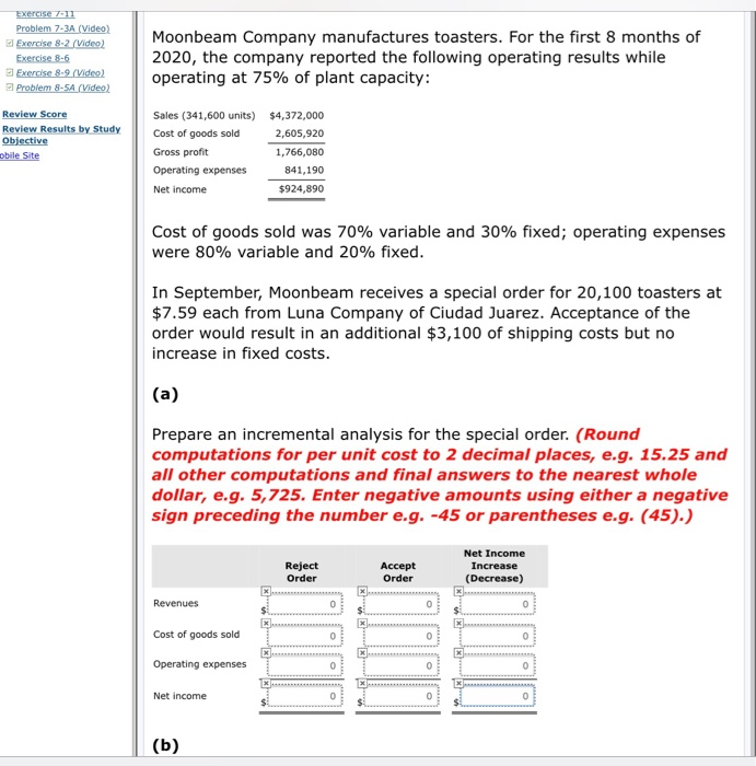 Solved Problem 7.3A Moonbeam Company manufactures toasters. | Chegg.com