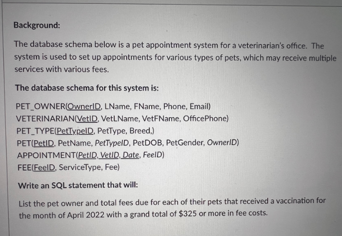 Solved Background: The database schema below is a pet | Chegg.com