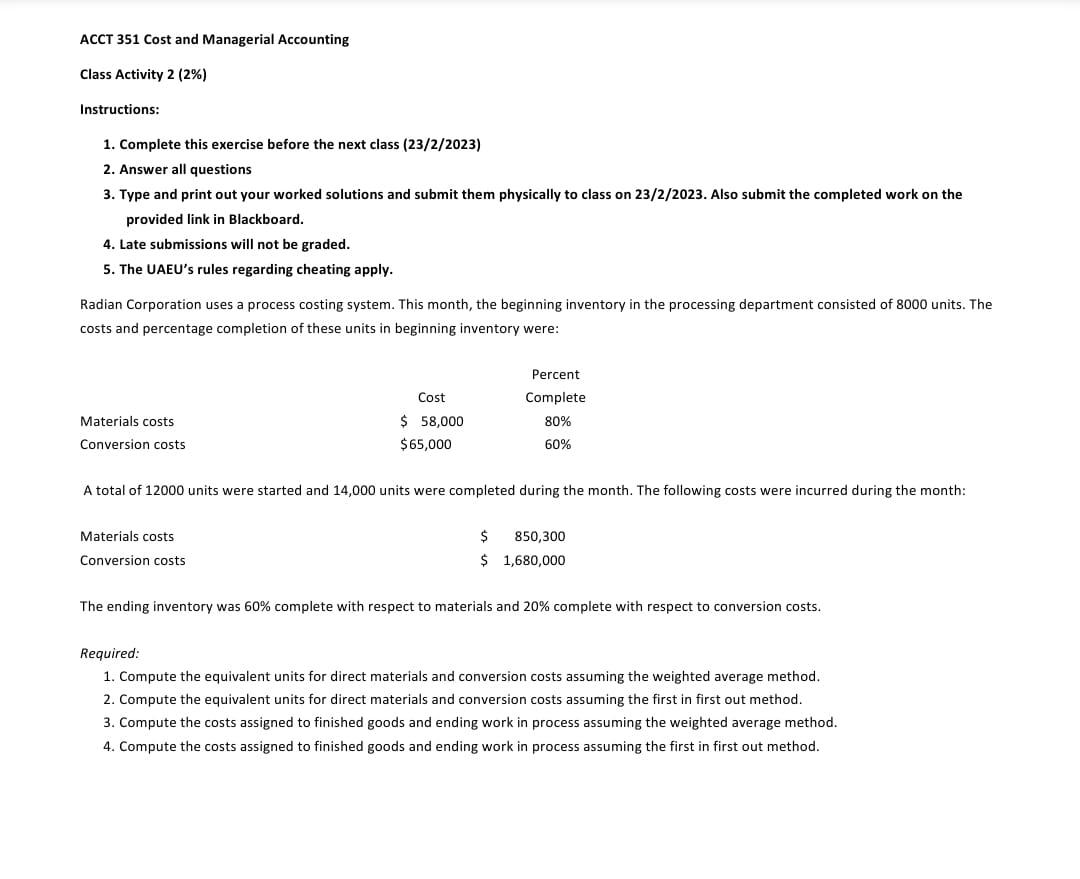 Solved ACCT 351 Cost and Managerial Accounting Class | Chegg.com