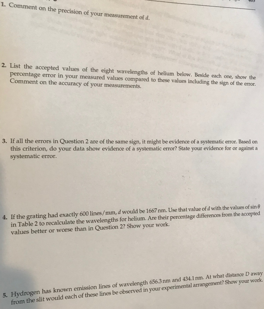 Solved Data and Calculations Table 1 (Mercury Spectrum) | Chegg.com