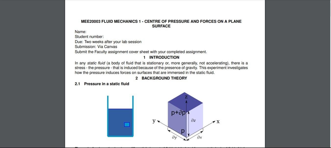 MEE20003 FLUID MECHANICS 1 - CENTRE OF PRESSURE AND | Chegg.com