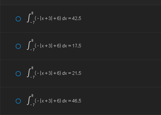 Solved ∫−78(−∣x+3∣+6)dx=42.5 ∫−78(−∣x+3∣+6)dx=17.5 | Chegg.com