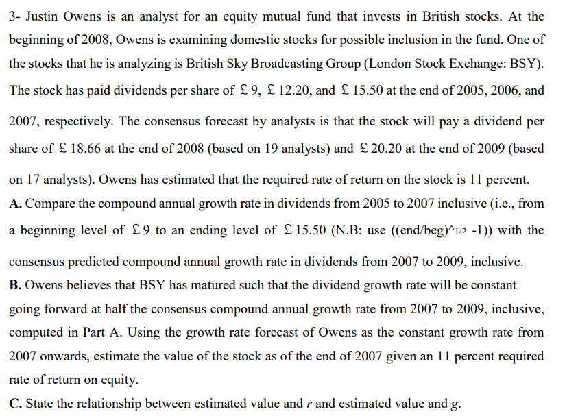 Solved 3- Justin Owens is an analyst for an equity mutual | Chegg.com
