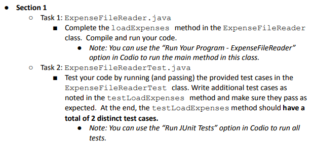 Solved • Section 1 o Task 1: ExpenseFileReader.java • | Chegg.com