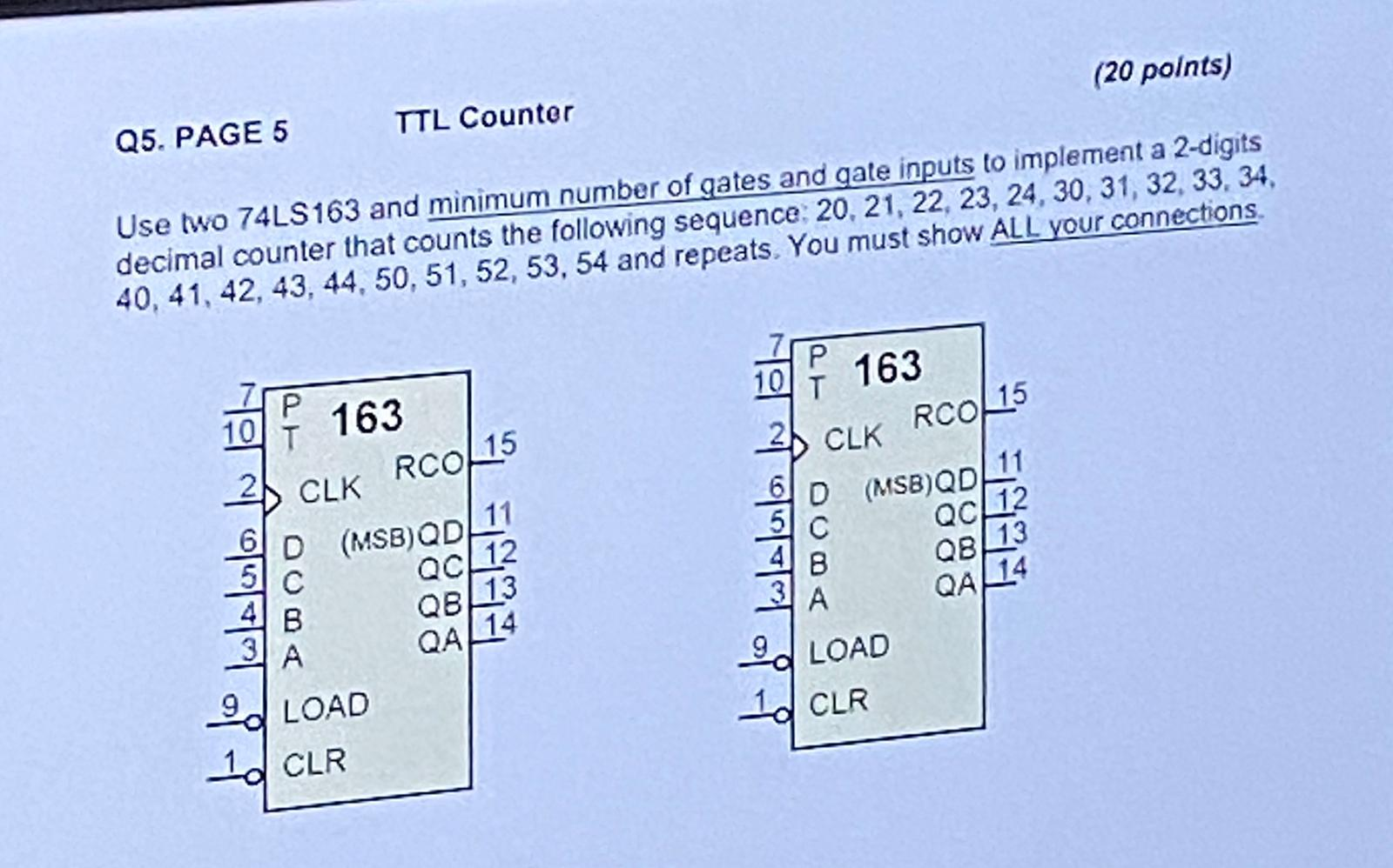 (20 points) Q5. PAGE 5 TTL Counter Use two 74LS163 | Chegg.com